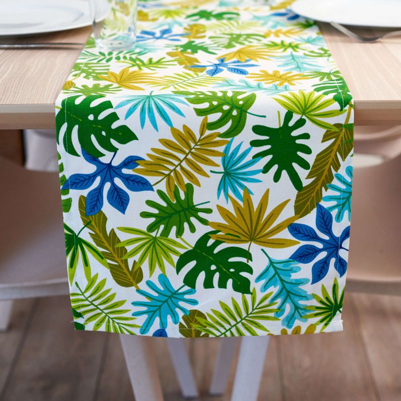 Green Blue Aqua Multi Botanic Floral 100 Cotton Table Runner